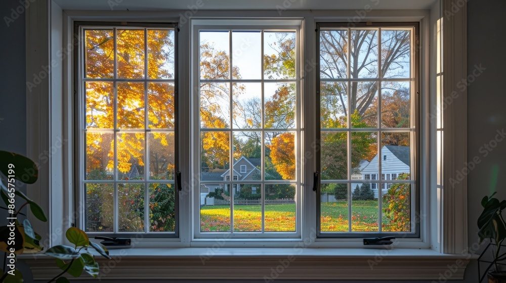 Scenic view of autumn foliage through window Stock Photo | Adobe Stock