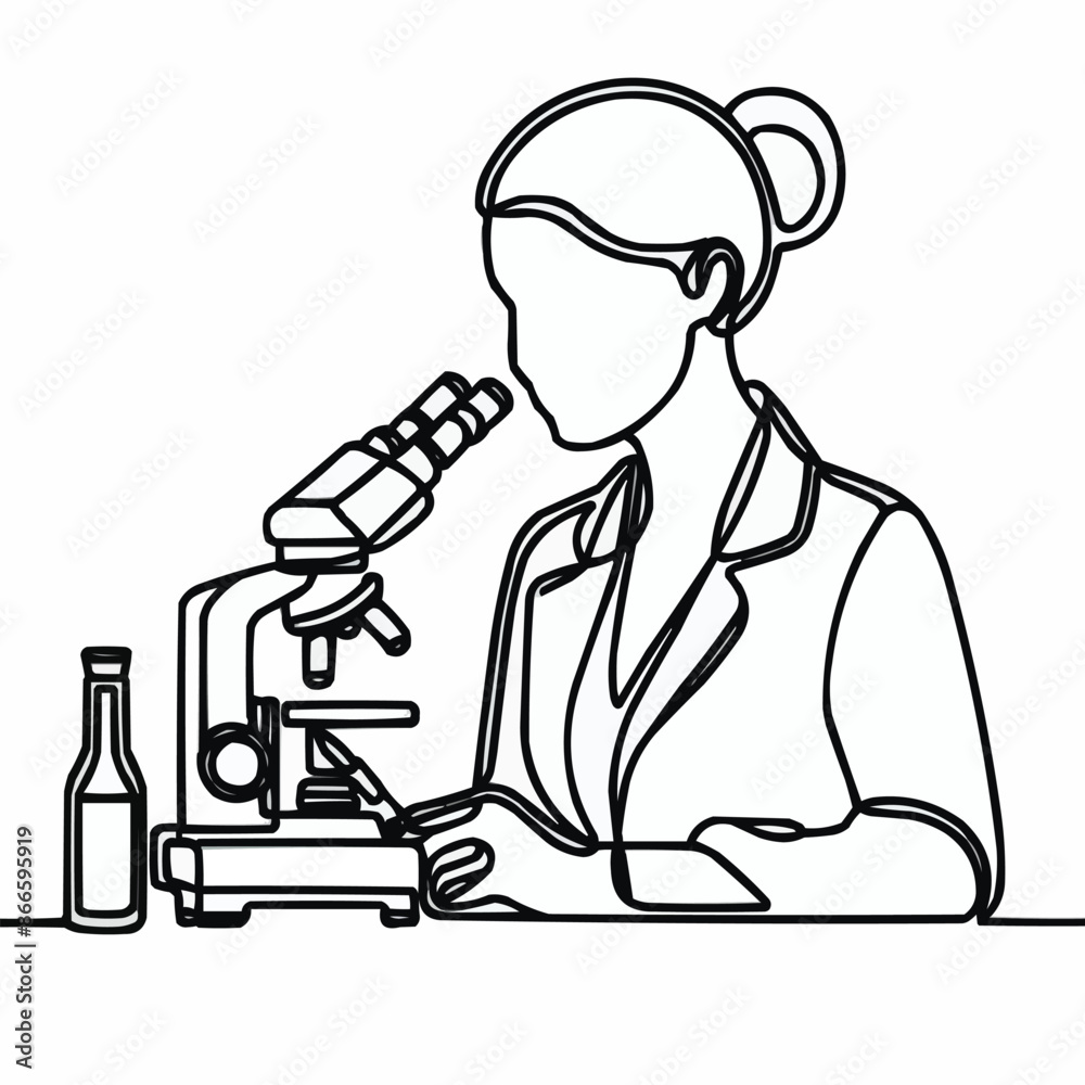 Continuous one line drawing of female scientist working using ...