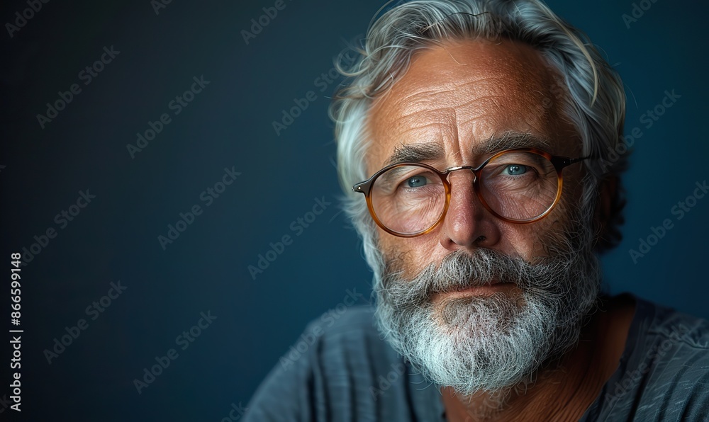 On a blue studio background, a portrait of a man conveys its meaning ...