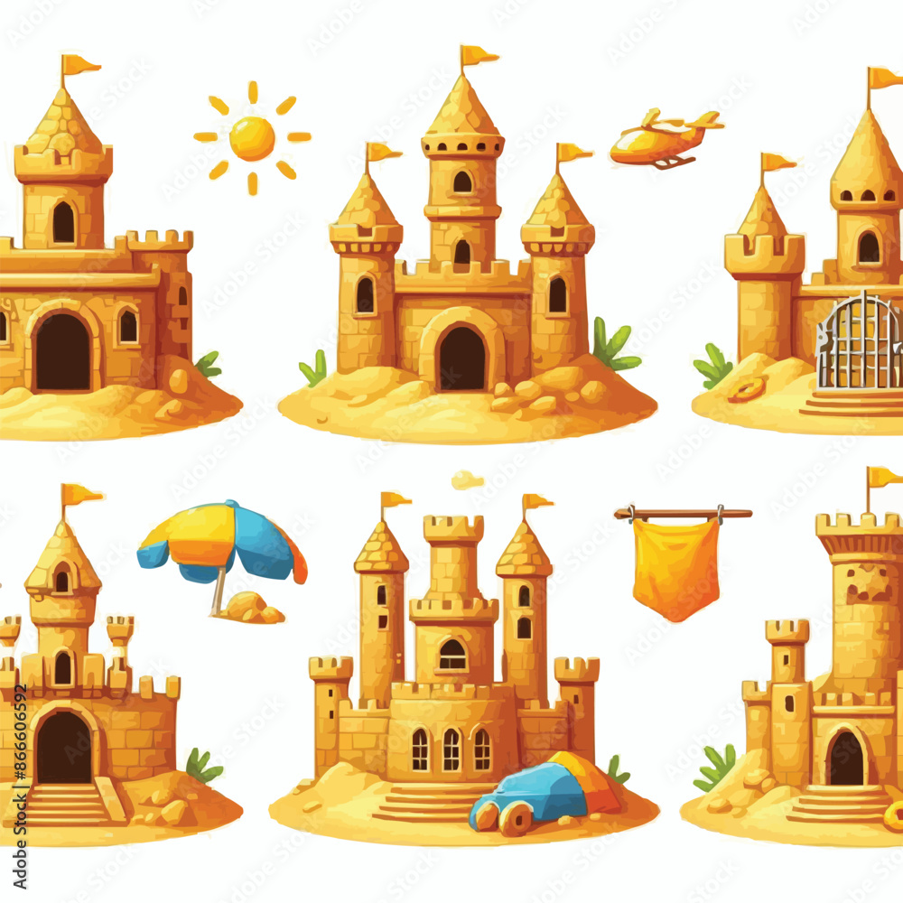 Cartoon sandcastle with tower, gate and window for summer beach ...