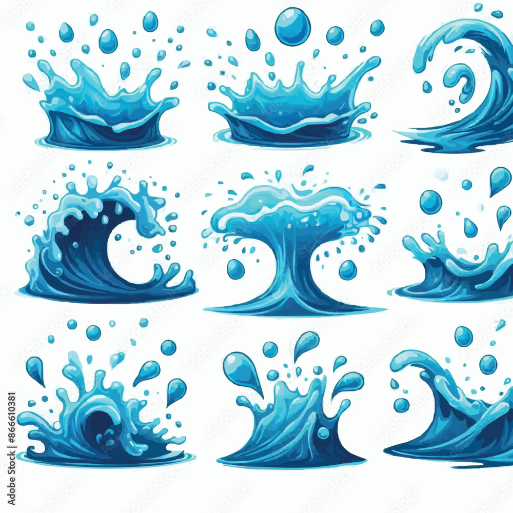 Liquid water splashes, falling aqua drops, sea or ocean waves and swirl ...