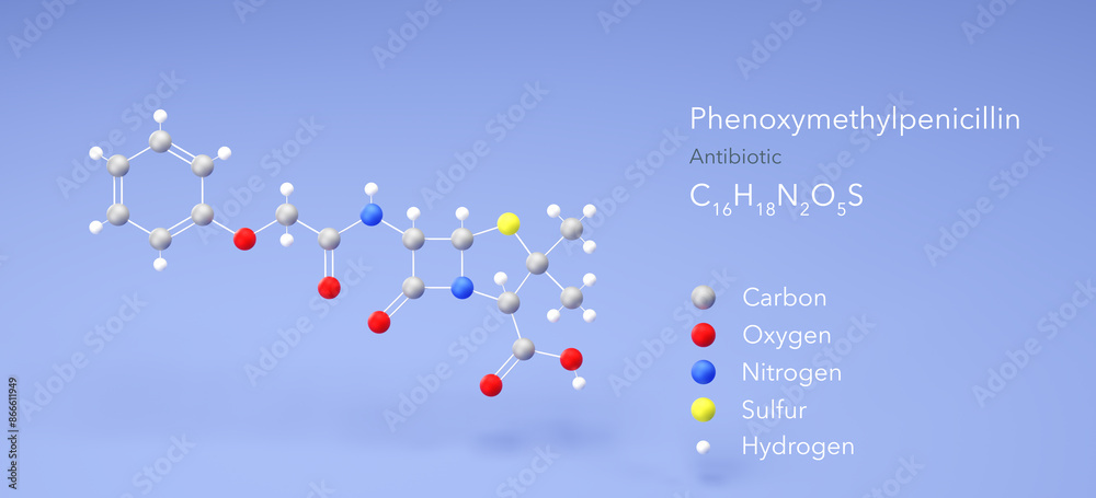 phenoxymethylpenicillin molecule, molecular structure, penicillin v, 3d ...