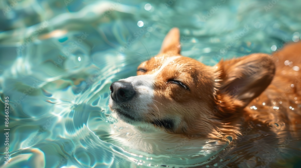 Portrait of a corgi dog swimming, floating and resting, relaxing in the ...