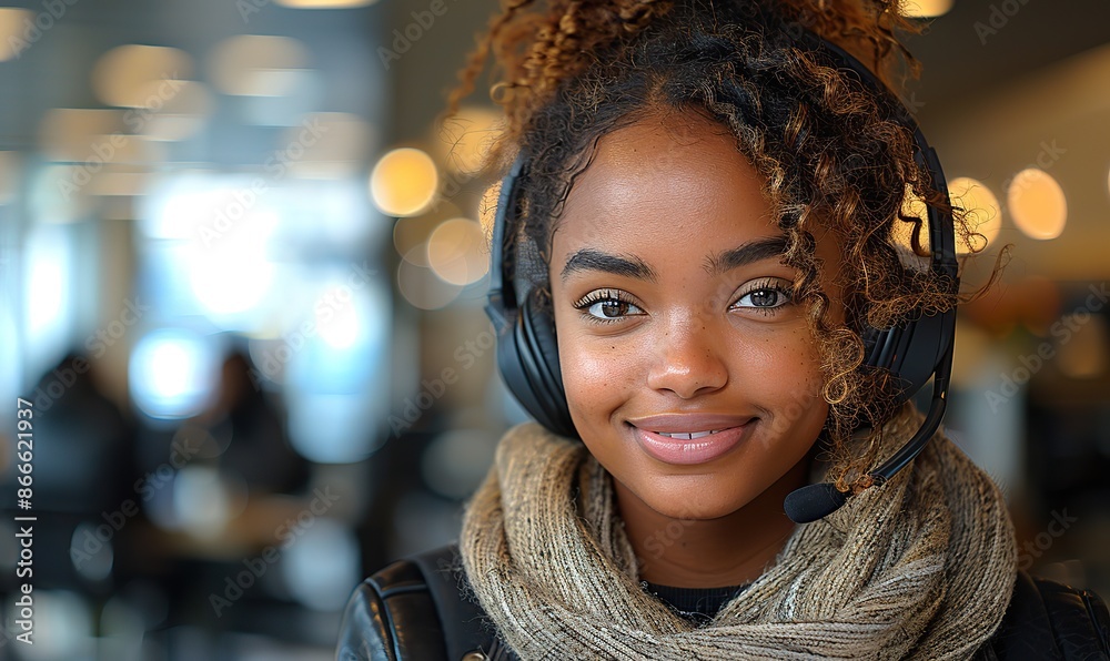 Call center agent with warm smile, embodying a consultant or virtual ...