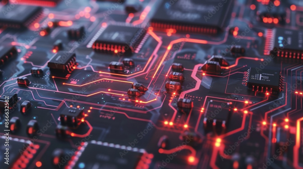 A close-up of a circuit board with intricate wiring and components ...