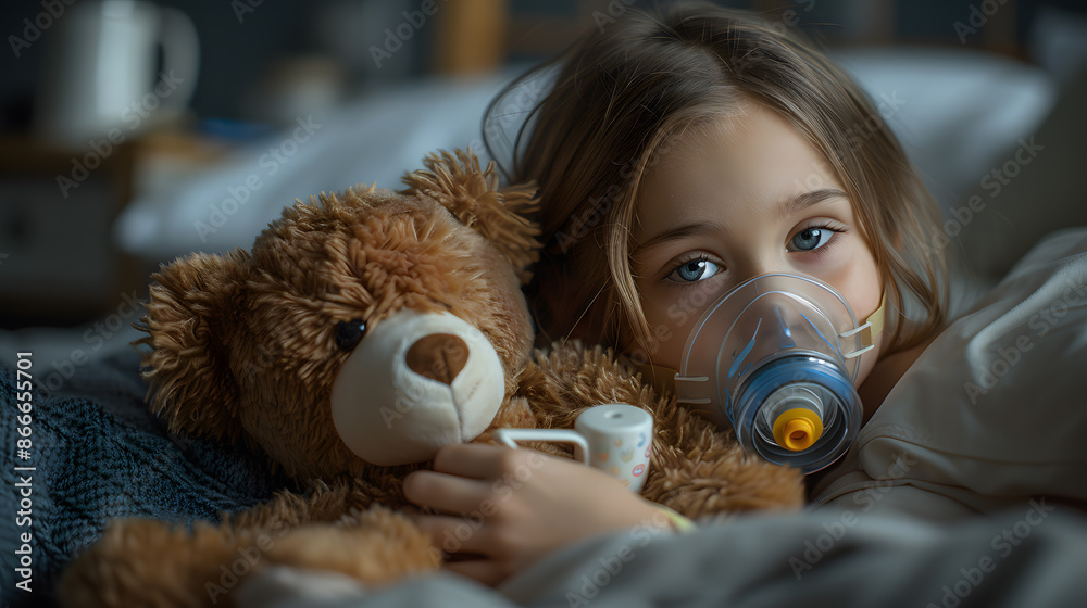 Girl suffering from pneumonia lying in a hospital bed with oxygen mask ...