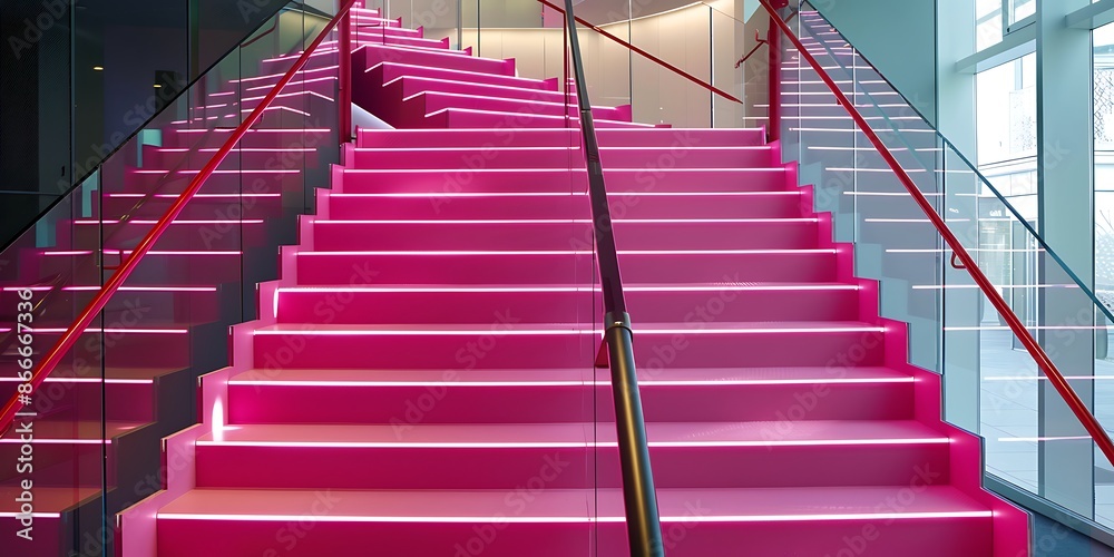 Bright, minimalist stairs with hot pink steps, glass railings, and ...