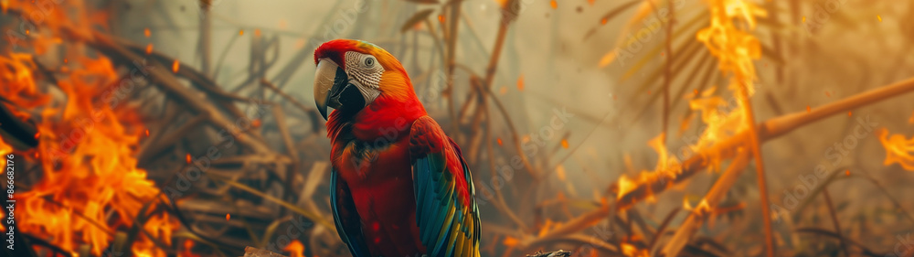 parrot double exposure with a burning jungle, concept of species ...