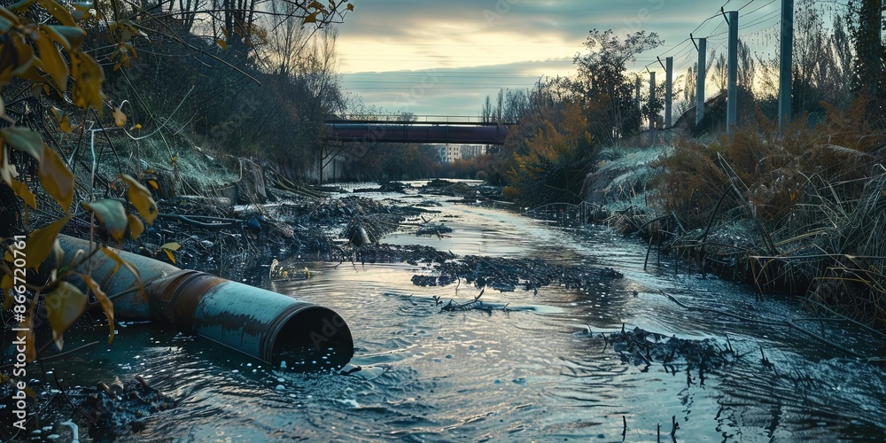 polluted river with lots of toxic waste, pipes pouring out pollution ...