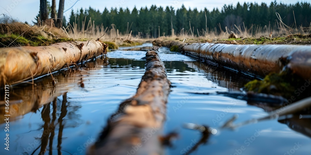 Water drainage system in deforested area with felled logs and distant ...