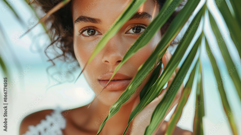 Zoom in face of a sophisticated tan skin woman model with tropical leaf ...