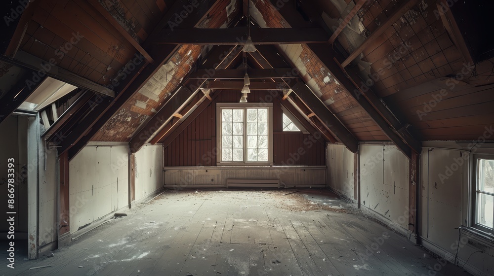 Abandoned attic room with a sloped ceiling featuring exposed wooden ...