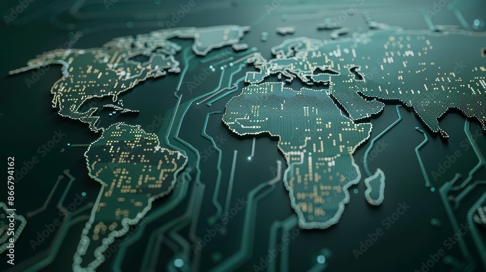 Stylized circuit board forming a futuristic,digitally-rendered world ...