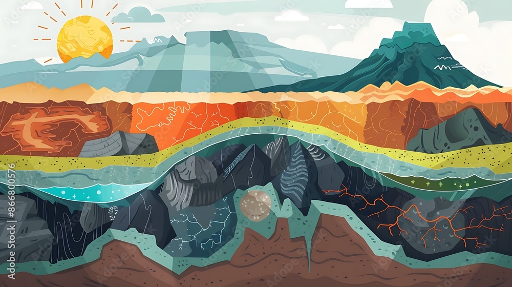 Infographic depicting the stages of the rock cycle including igneous ...
