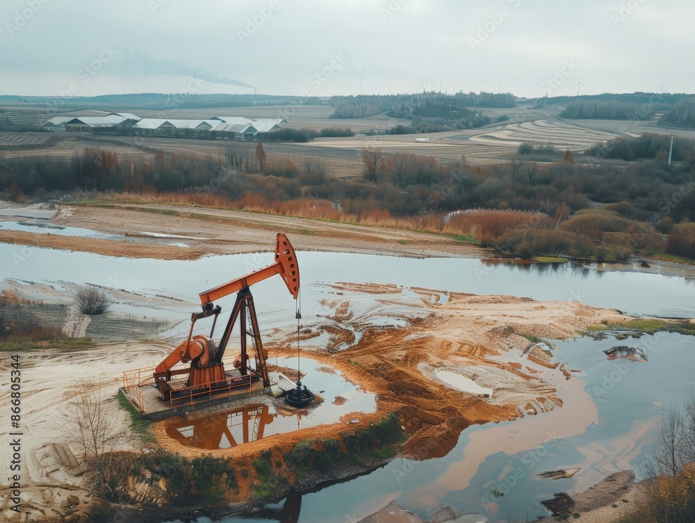 Pumpjack extracting crude oil from a well in a rural landscape ...