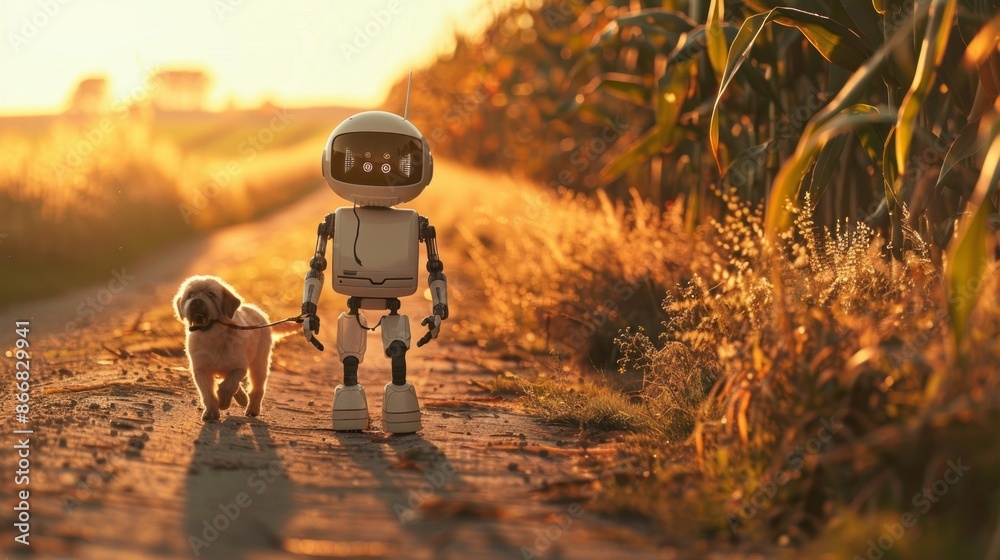 At sunset, a white humanoid robot walks a dog on a dirt path. The robot ...