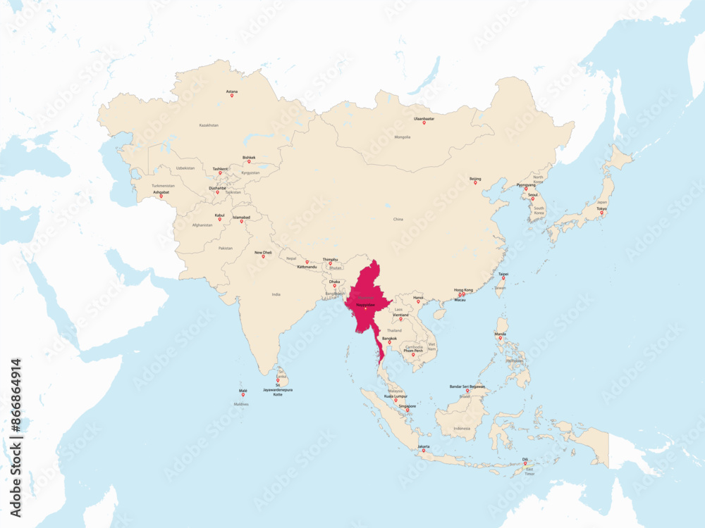 Stock-Vektorgrafik „Highlighted red map of MYANMAR inside light red ...