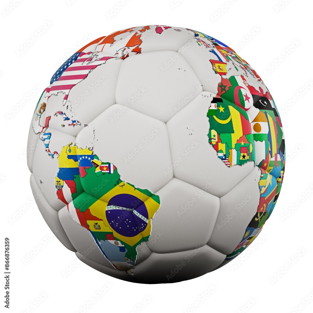 World map with country flags around the soccer ball isolated on ...