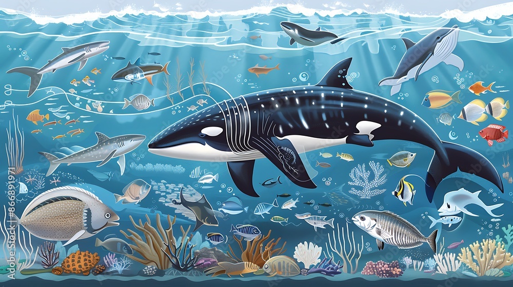 Visual aid Marine Food Chains Food Webs illustrating energy transfer ...