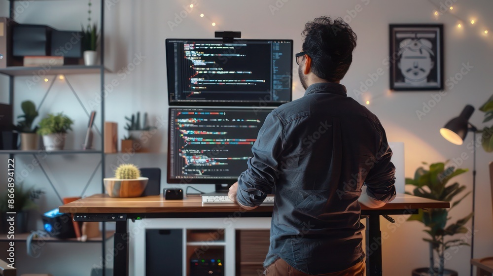 startup founder coding at a standing desk in a modern, minimalistic ...