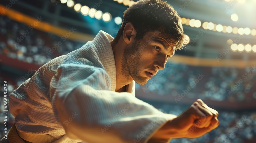 Intense Olympic Judo Match Close-Up with Determined Athletes in ...