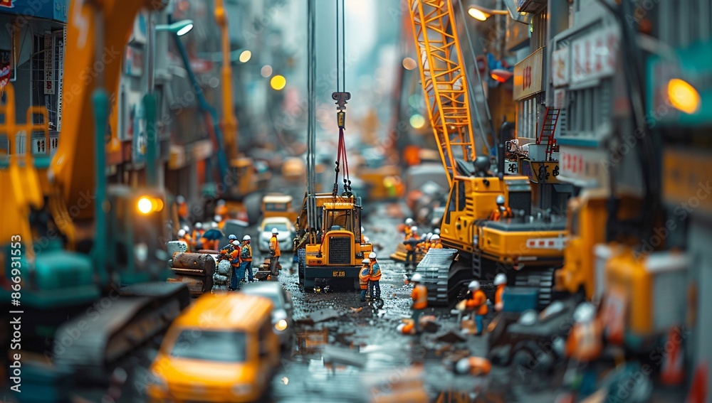 Miniature construction workers, equipped with tools and machinery ...