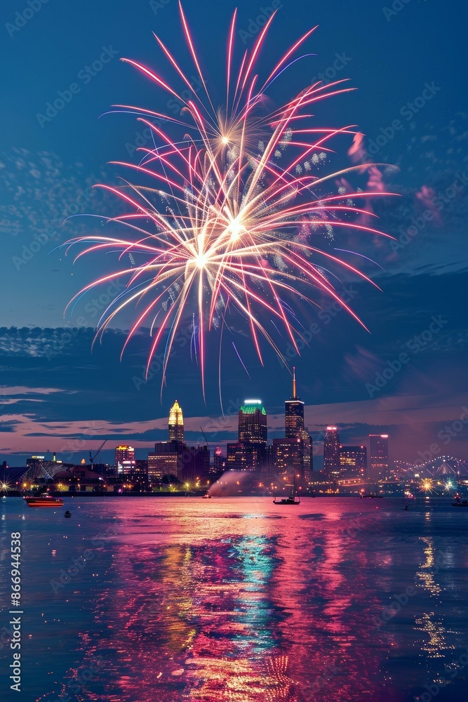 Fireworks illuminating Cleveland skyline during nighttime celebration ...