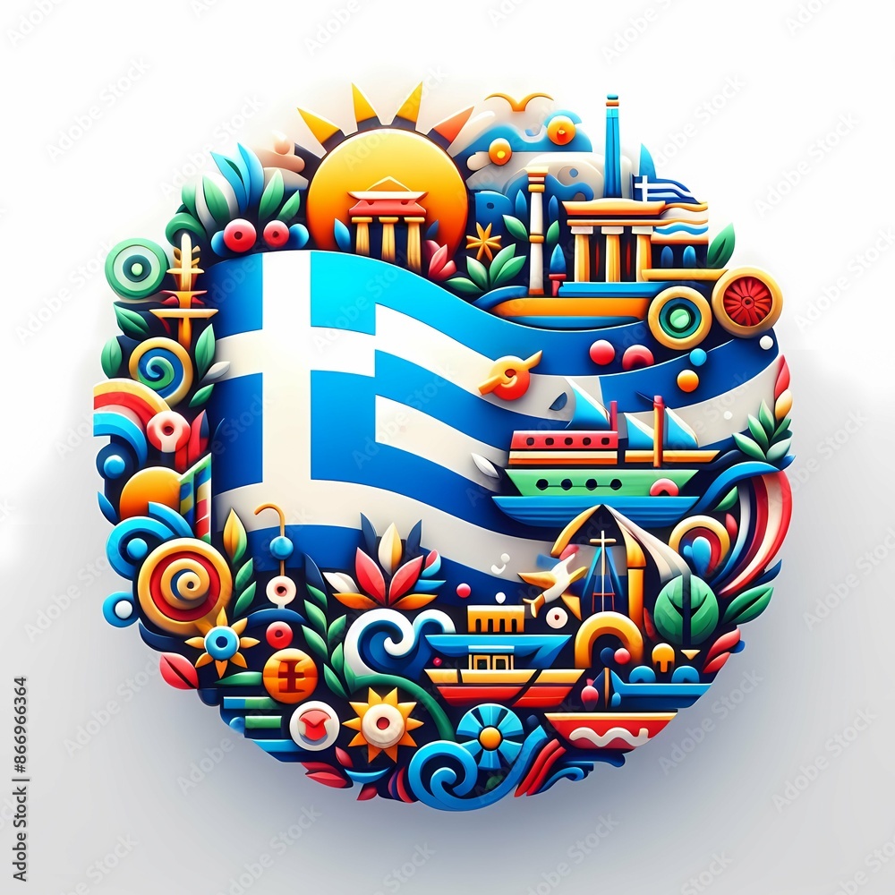 A colorful greek flag with a circular pattern of various symbols, such ...