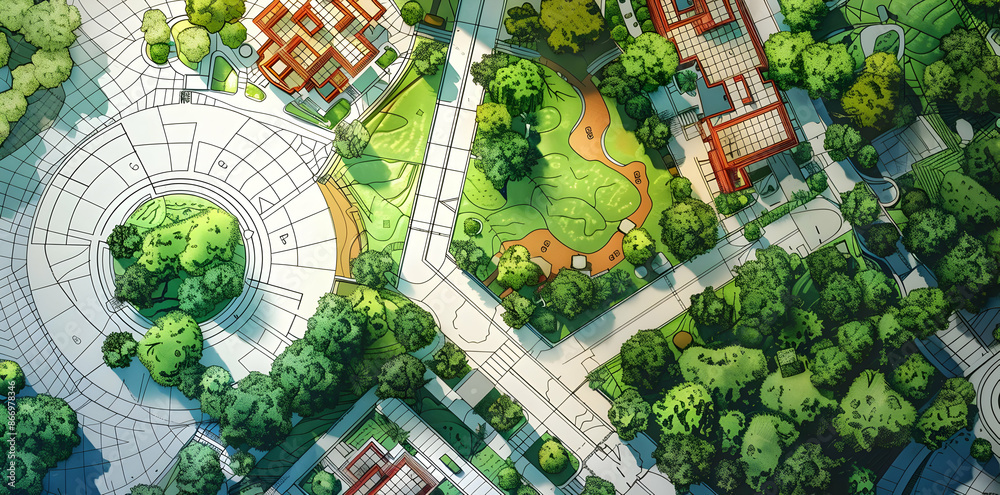 Illustration of a Landscape Design Plan with Trees, Buildings, and ...