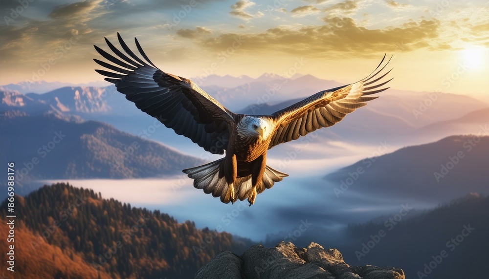 A lone eagle soaring above the mountain peaks, wings catching the early ...