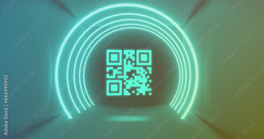 Image of neon qr code scanner and light trails against blue background ...