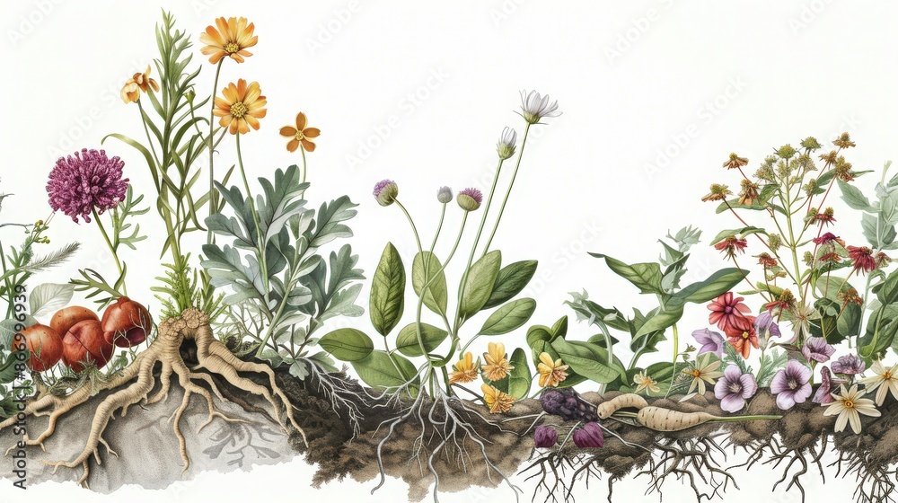 Botanical illustration showcasing various plants with roots and flowers ...