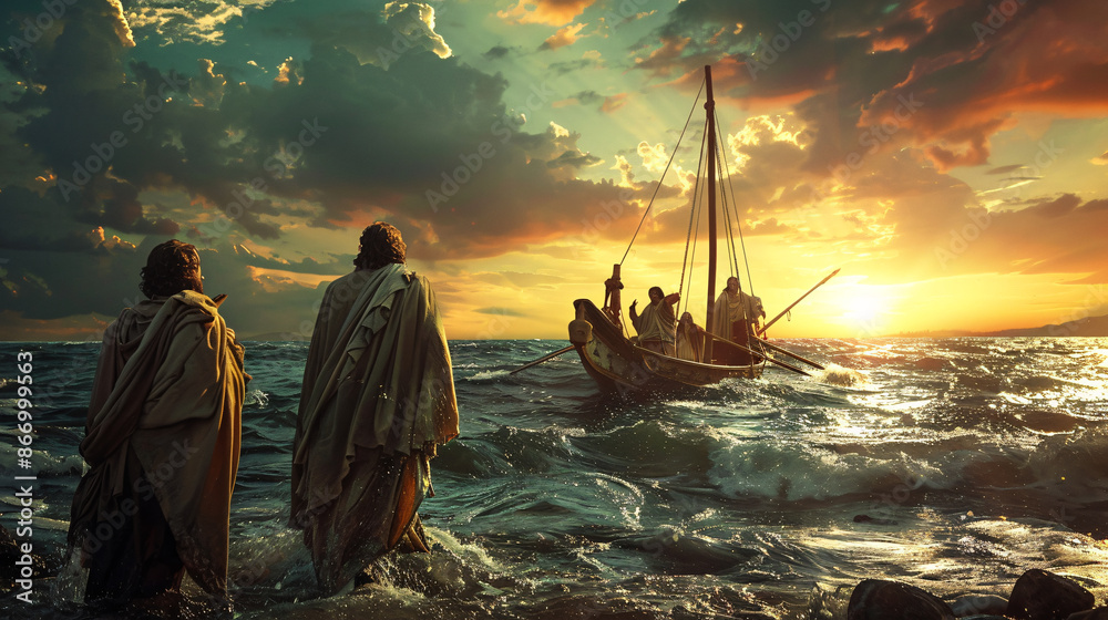 Jesus walking on water towards Peter's boat with disciples Stock Photo ...