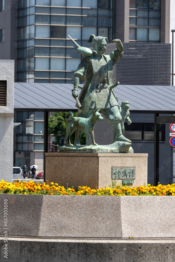 Momotaro Statue in front of JR train station in Okayama city, Japan ...