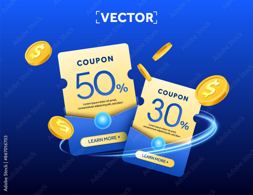 3d set of yellow coupon wrapped with an blue envelope, abstract wave ...