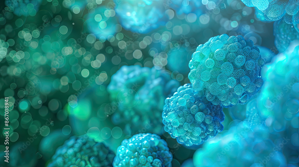 Spherical clusters of bright blue bacteria with green accents, floating ...