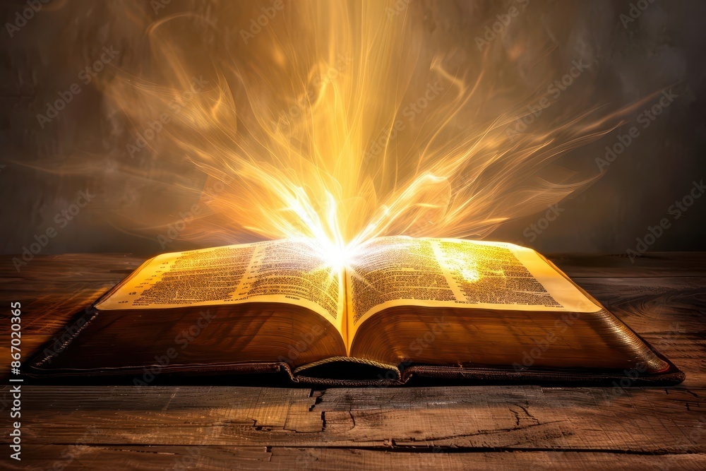 glowing bible with bright light emanating from pages spiritual concept ...
