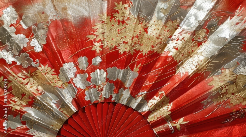 Japanese style fan design with gold silver foil in red and white Stock ...