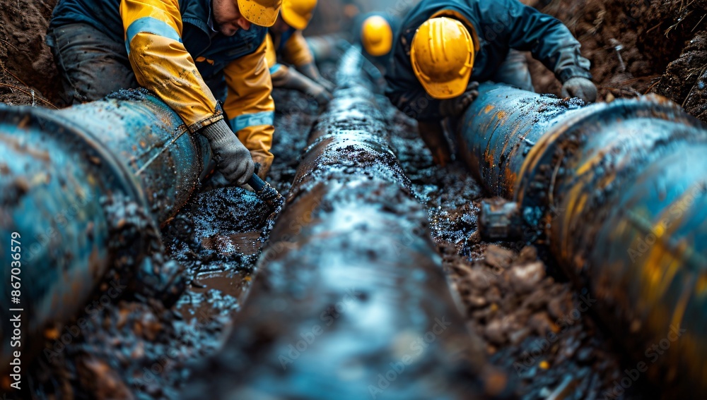 Three construction workers with safety helmets and vests are working ...