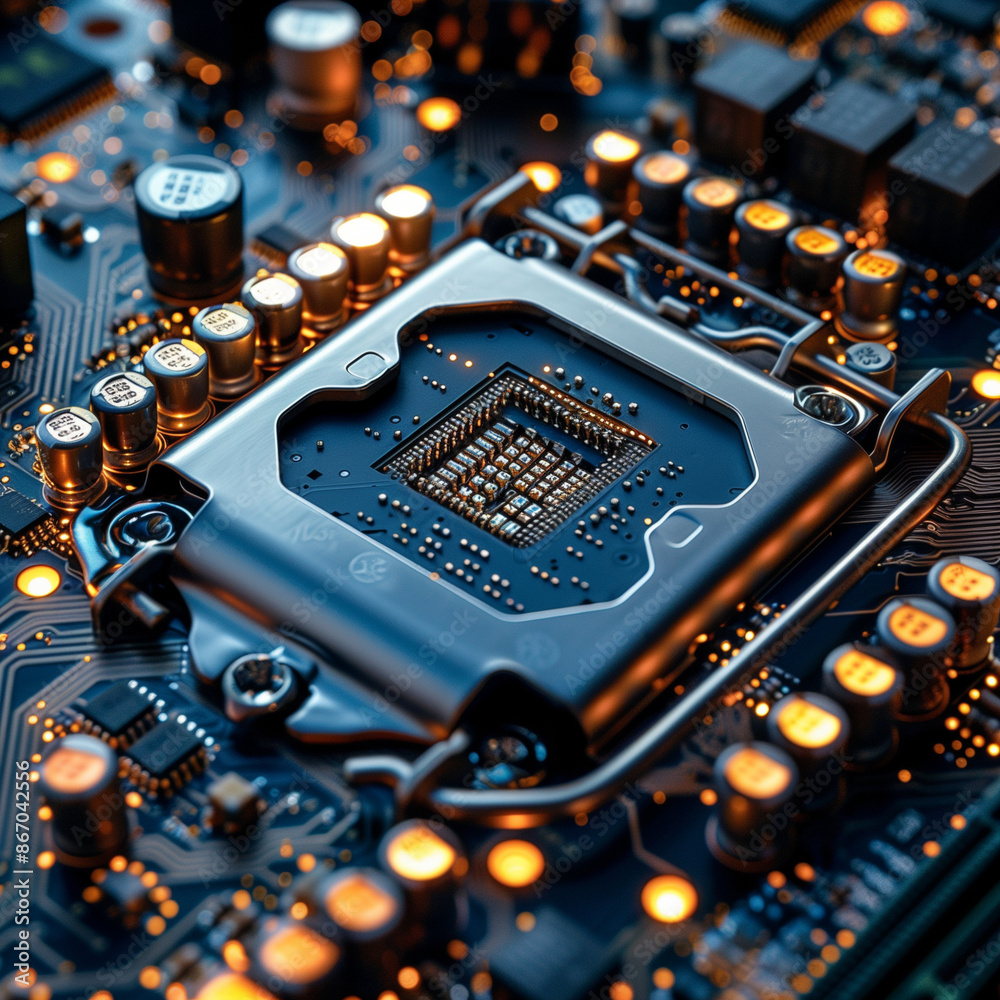The depicts a close-up view of a computer motherboard with a CPU (central processing unit ...
