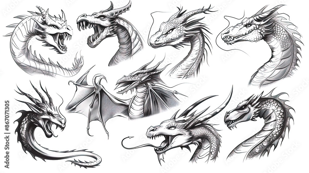 Collection of various dragon head illustrations in black and white ...