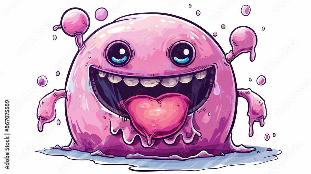 Cute kawaii monster with a big smile and tongue out, hand-drawn style ...
