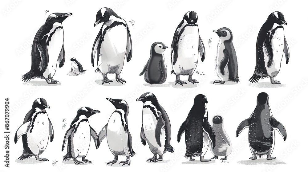 Collection of various penguin illustrations in black and white ...