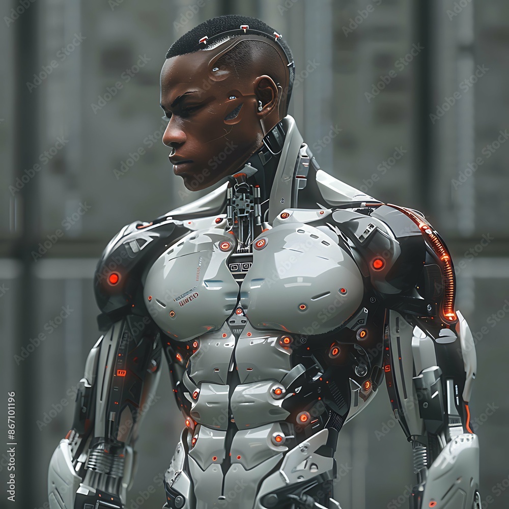 Bodybuilder with naked torso with robot head, cyborg. Robotics, new ...
