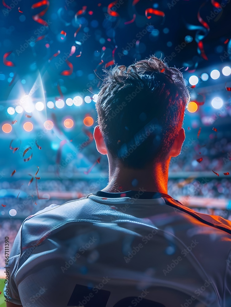 Soccer Player Celebrating Victory with Trophy and Streamers in ...