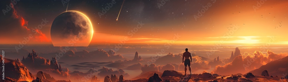 Muscular Bodybuilder Lifting Alien Rocks Against Dramatic ...