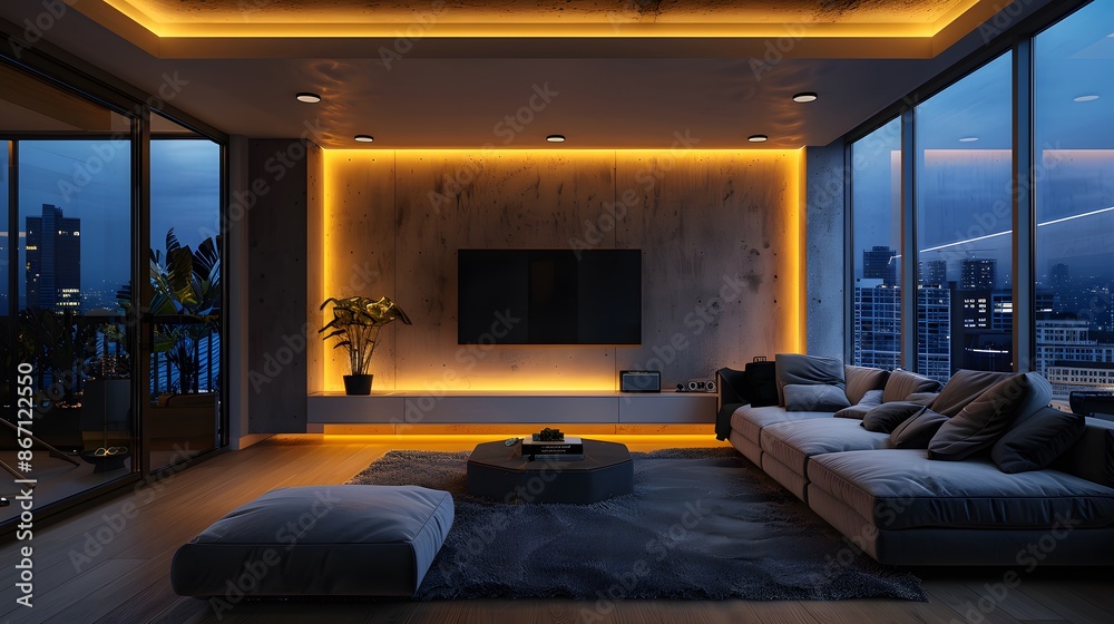 Modern living room with wall light strip lighting around the TV and ...