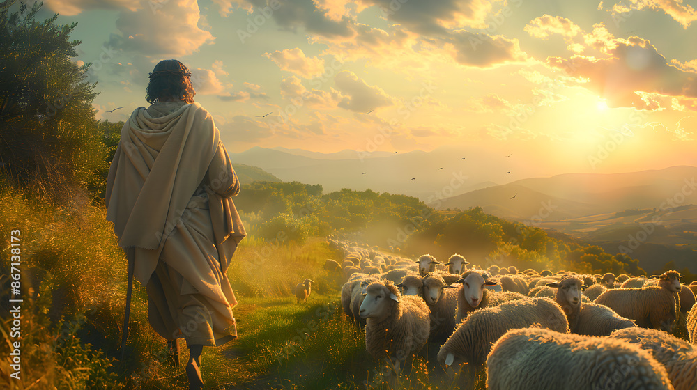Shepherd Jesus Christ leading the sheep and praying to God and in the ...