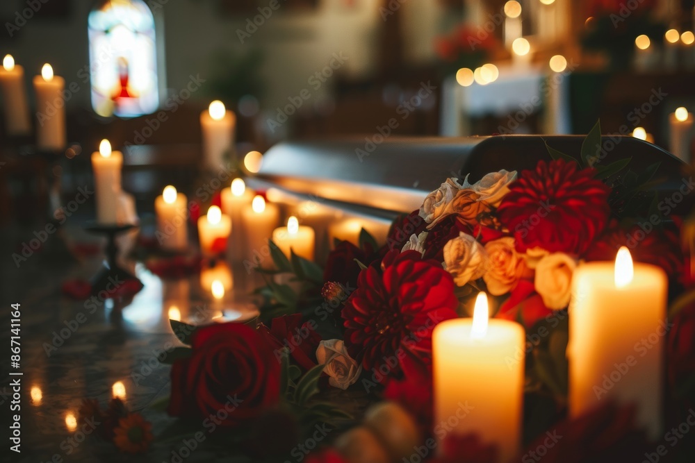 A coffin adorned with numerous flowers and surrounded by candles in a beautiful church setting ...