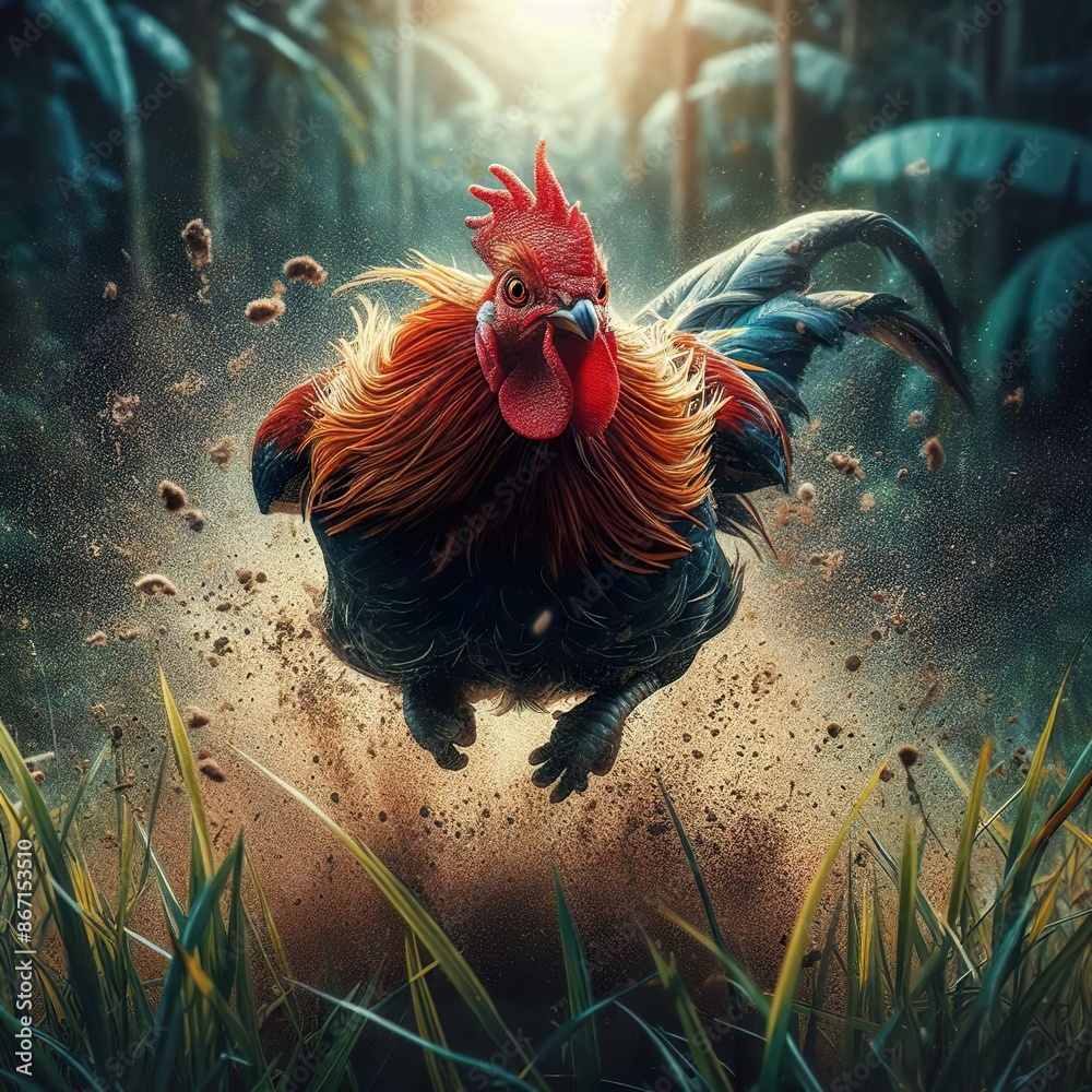 High-speed photography of a rooster running fast in the tall grass ...